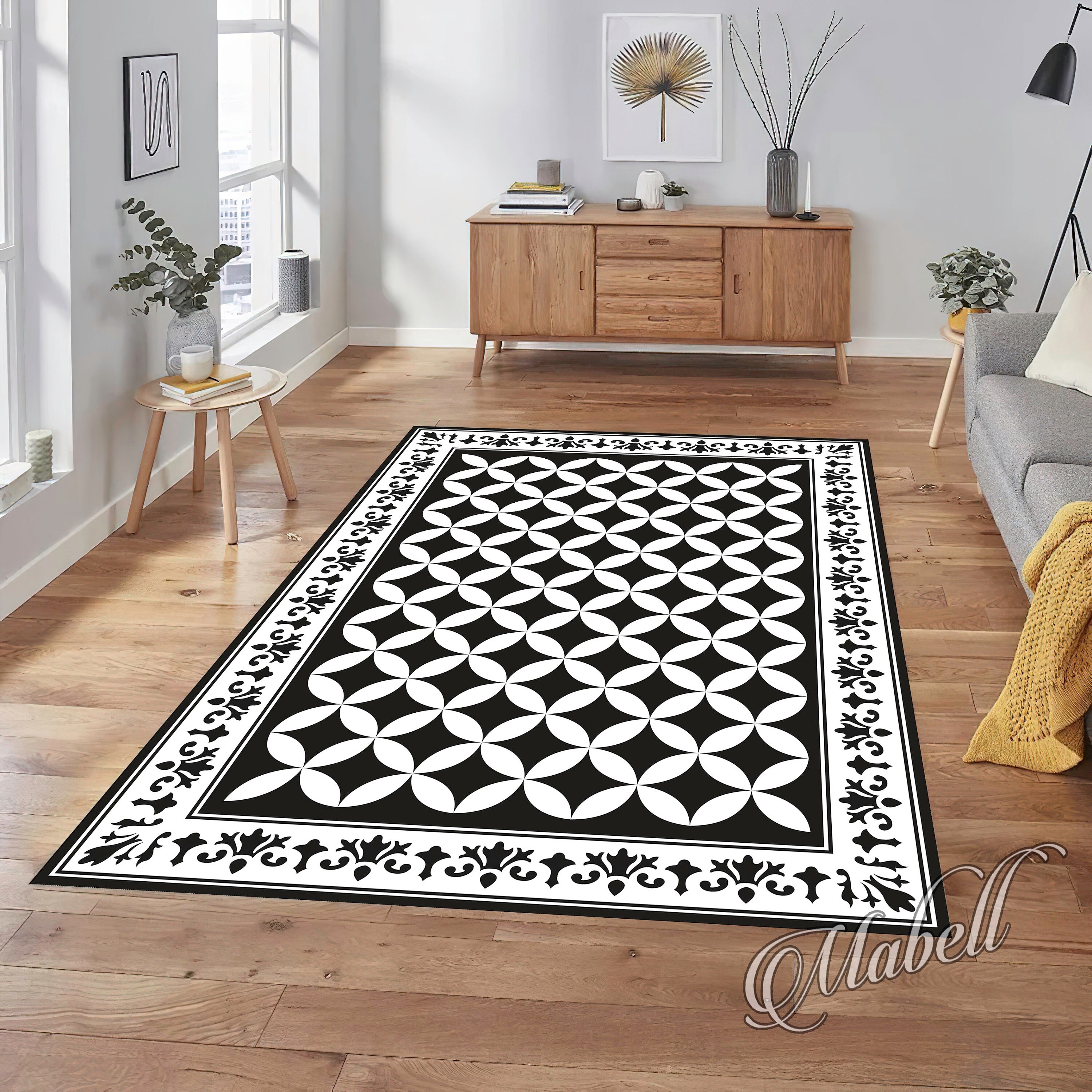 Border Rug Black White Border Geometric Pattern Nonslip Area - Etsy