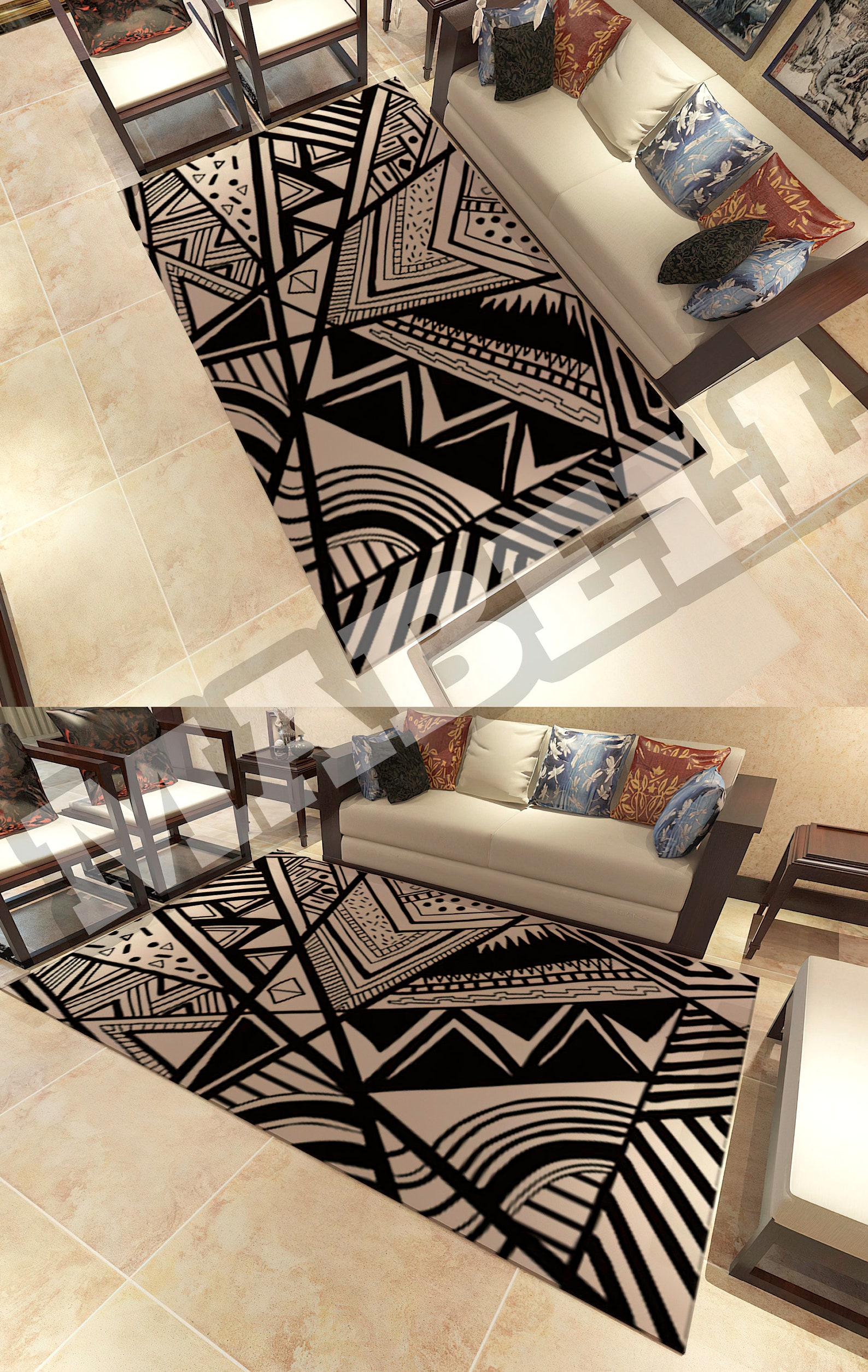 Black White Doodle Drawing Rug, Geometric Pattern Nonslip Area Rug ...