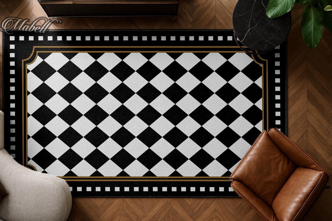 Black White Checkered Runner Rug With Gold Border Modern Geometric ...