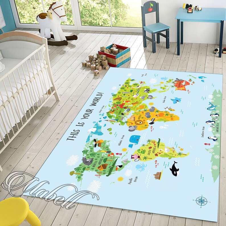 World Map Kids Education Rug World Map Animals Themed Nonslip - Etsy UK