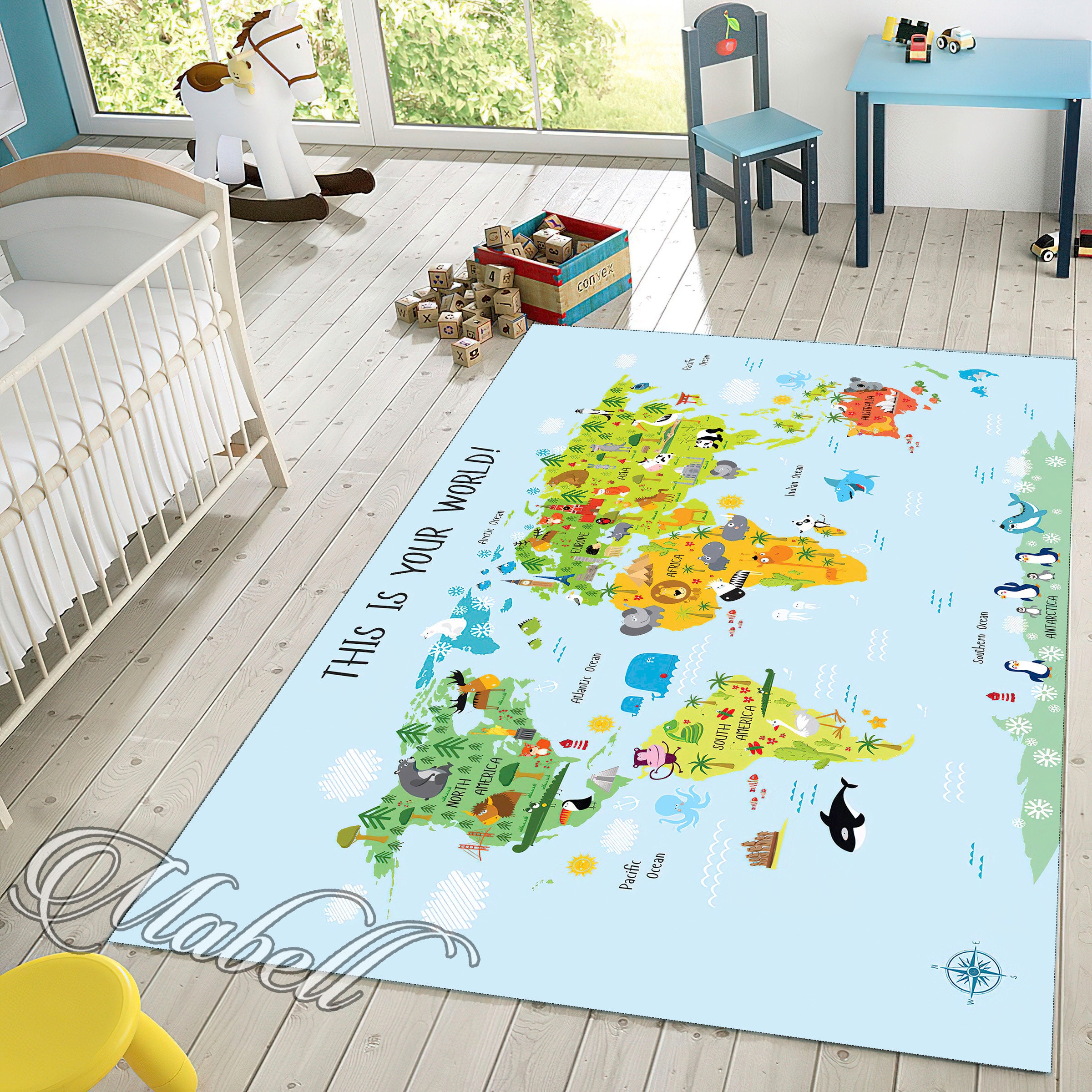 World Map Kids Education Rug World Map Animals Themed Nonslip - Etsy UK