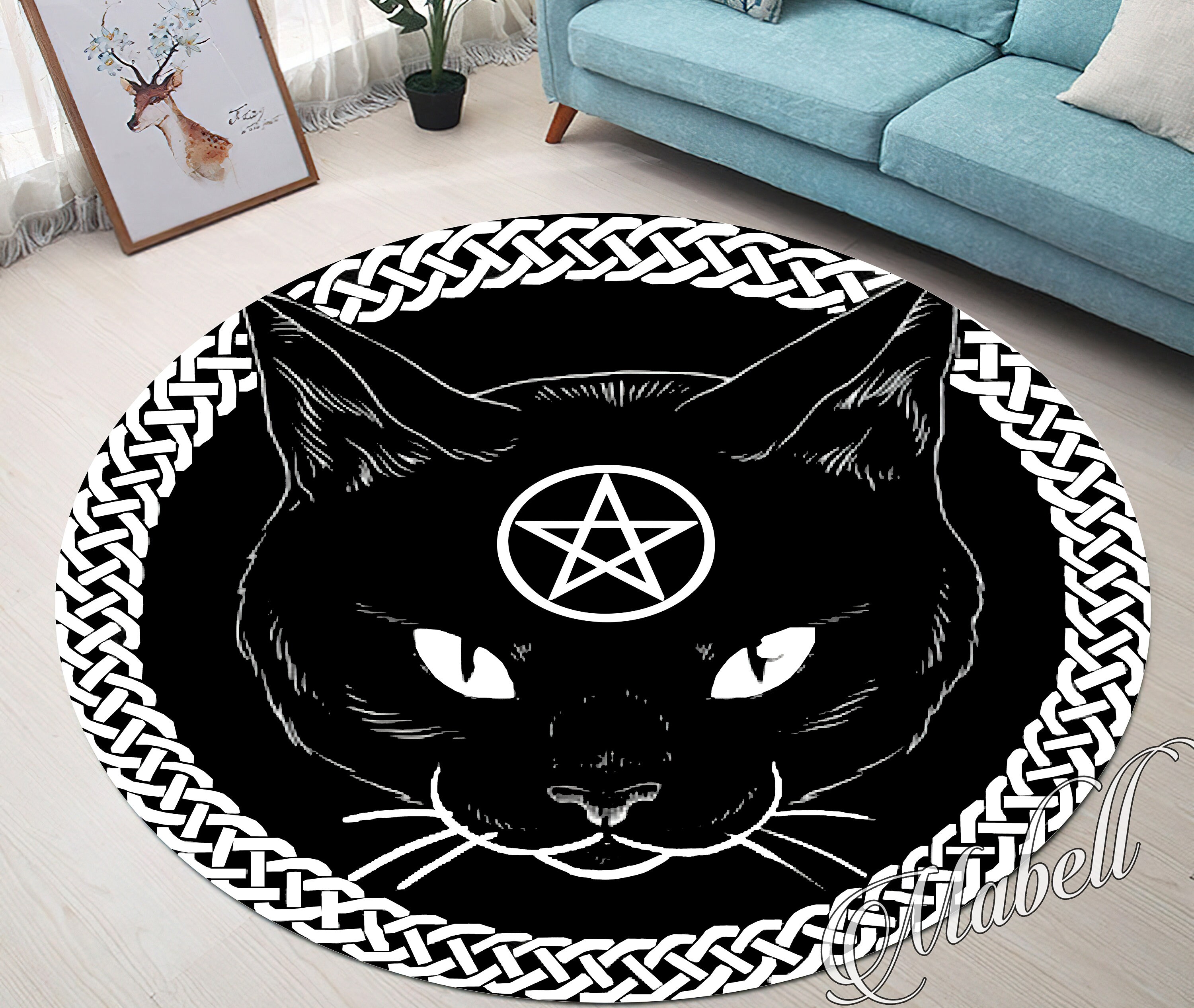 Black Cat Round Rug Black Cat Pentagram Themed Nonslip Area - Etsy