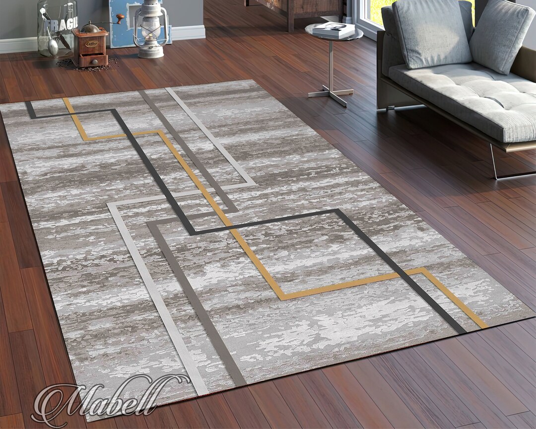 Lines Rug, Black Gray Gold White Lines on Gray Pattern Nonslip Area Rug ...