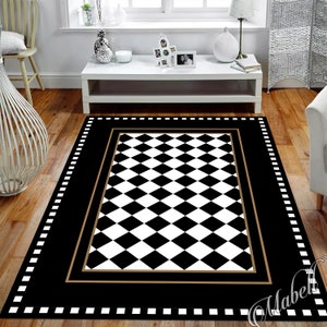 Checkered Rug, Black Border on Check Pattern Nonslip Area Rug, Black ...