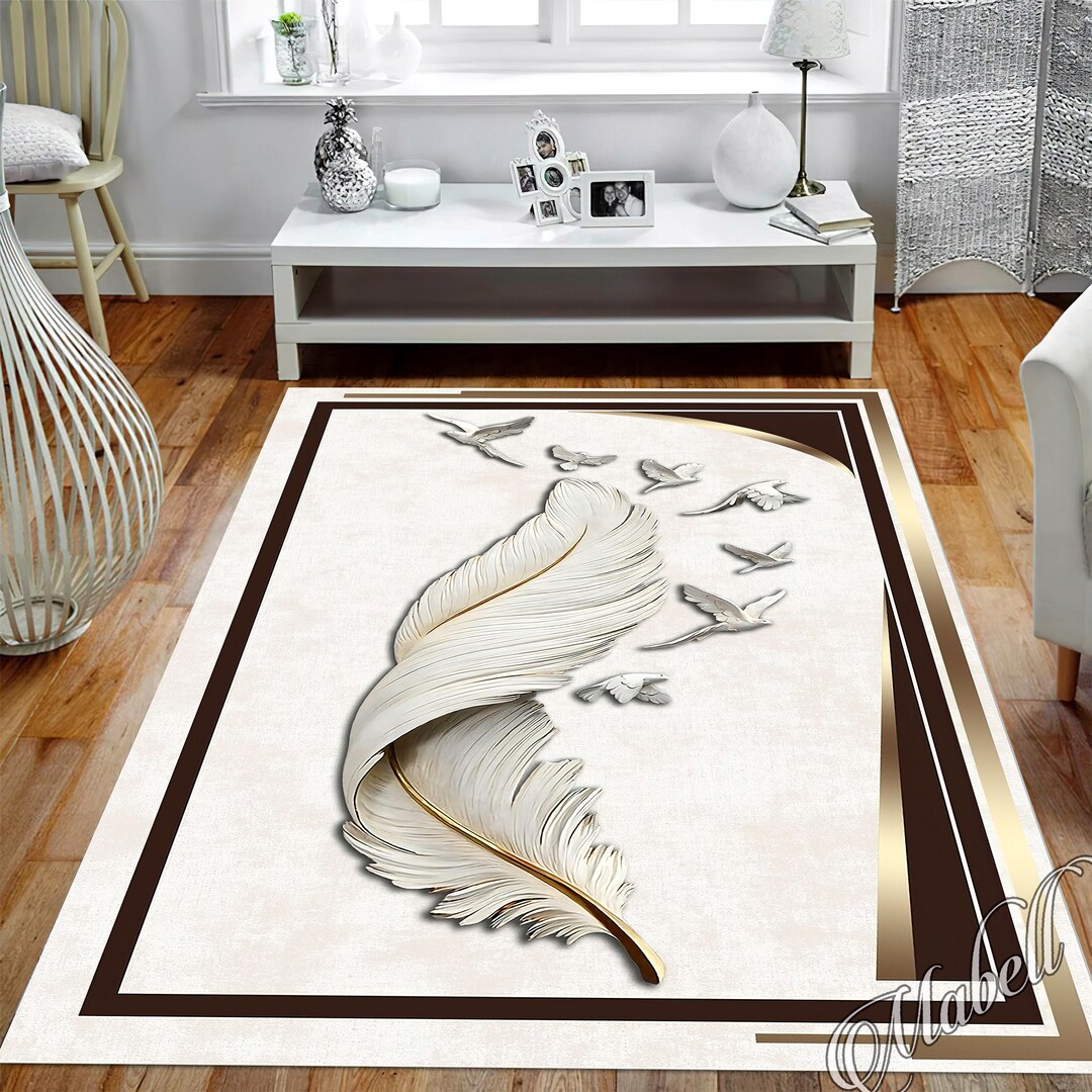 Feather Rug, White Feather Godl Border Themed Nonslip Area Rug, Plant ...