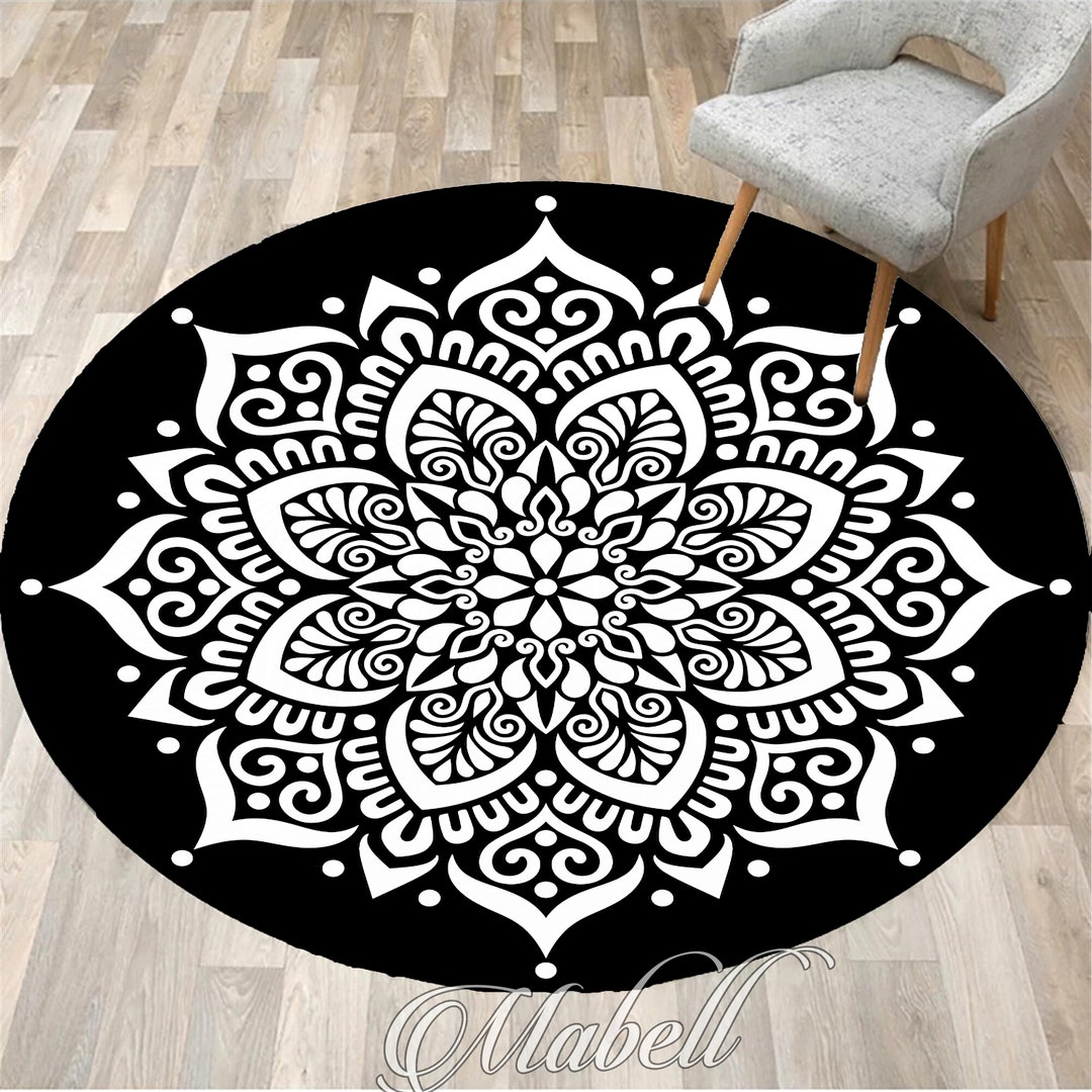 Mandala Round Rug, Circle Nonslip Area Rug, Black and White Mandala ...