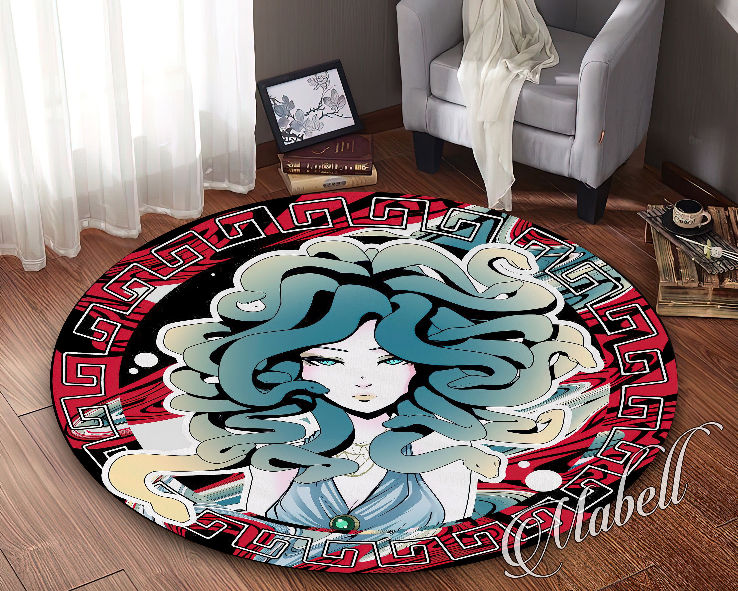 Medusa Round Rug, Medusa Art Themed Nonslip Area Rug, Snake Girl ...