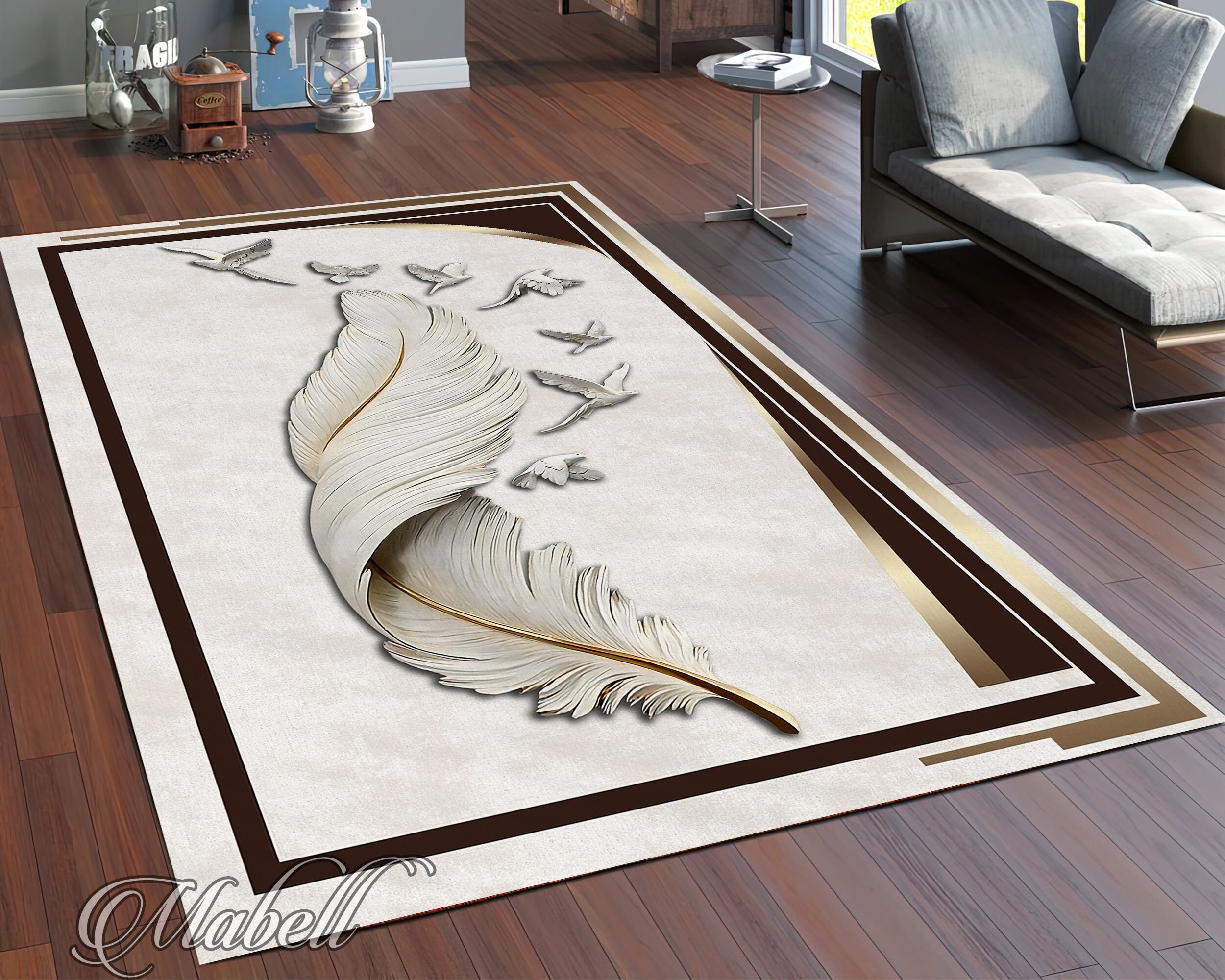 Feather Rug, White Feather Godl Border Themed Nonslip Area Rug, Plant ...