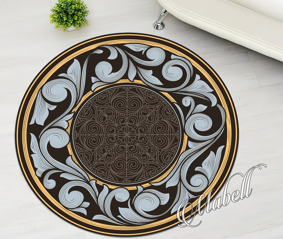 Round Rug, Blue Flowers on Motif Pattern Nonslip Area Rug, Yellow ...