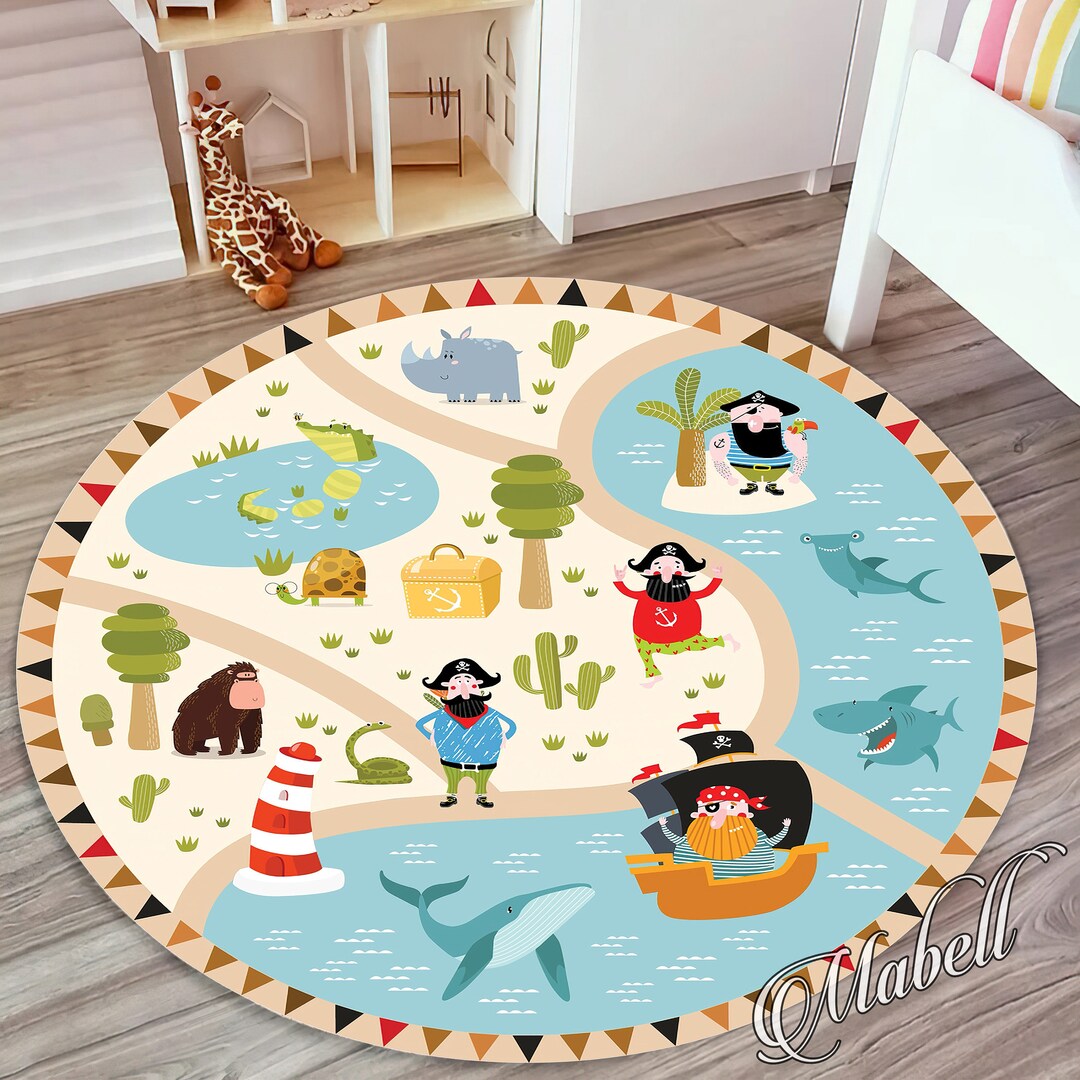 Pirates Nursery Round Rug, Cute Shark Whale Themed Nonslip Area Rug ...