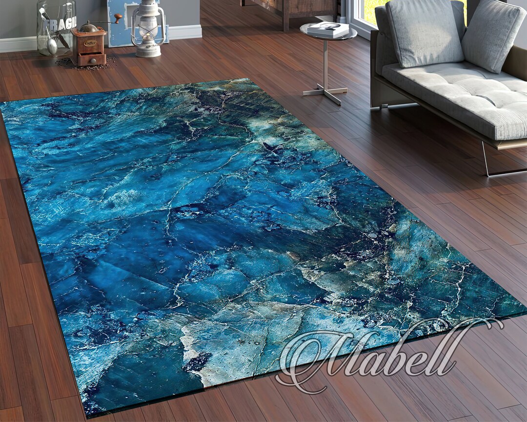 Blue Marble Patterns Design Rug, Living Room Rug, Nonslip Area Rug ...