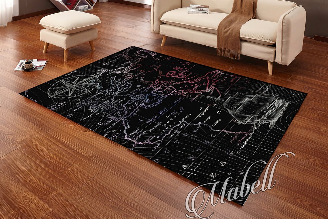 World Map Rug, Old World Map Design, Black White Map, Nonslip Area Rug ...