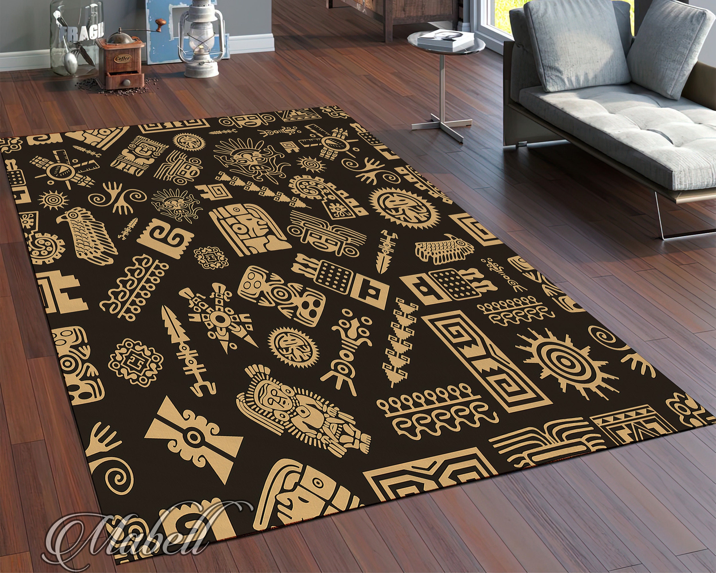 Maya Rug, Ancient Maya Design Concept Nonslip Area Rug, Black and Gold ...