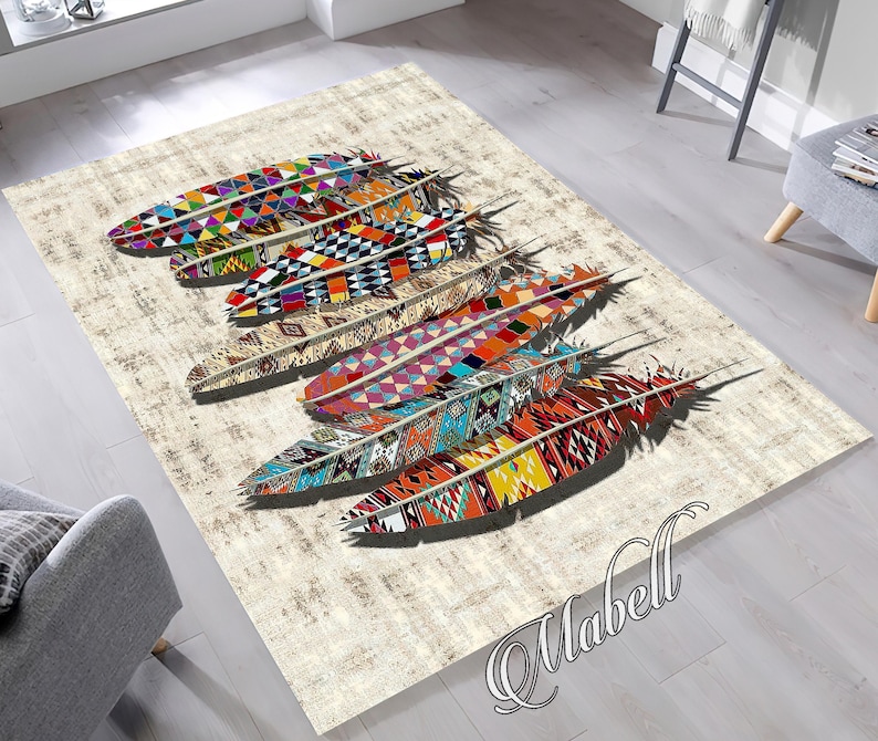Colorful Feather Pattern Nonslip Area Rug Bohemian Tribal Washable ...