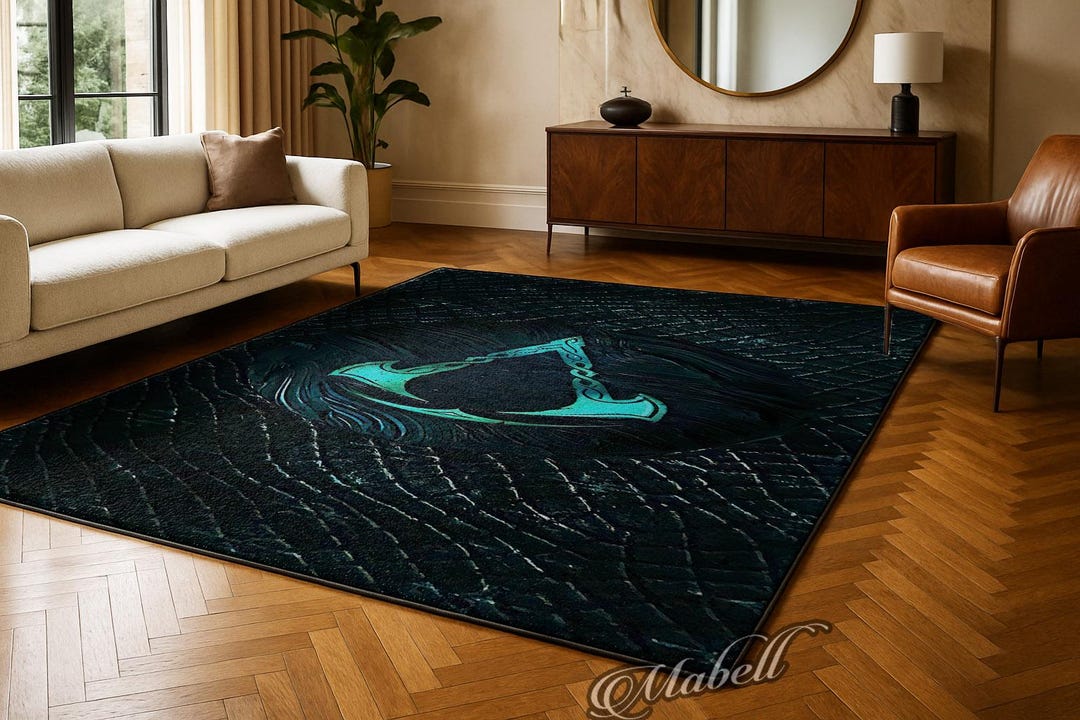 Assassin Logo Themed Rug Turquoise Viking Logo Gaming Room Bedroom ...