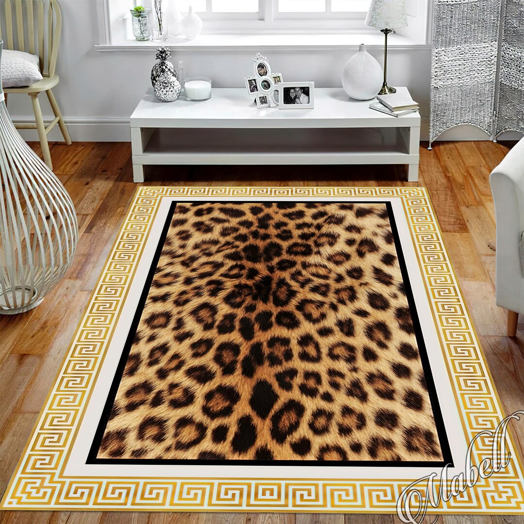 Leopard Rug, Leopard Pattern Gold Border Nonslip Area Rug, Greek Key ...