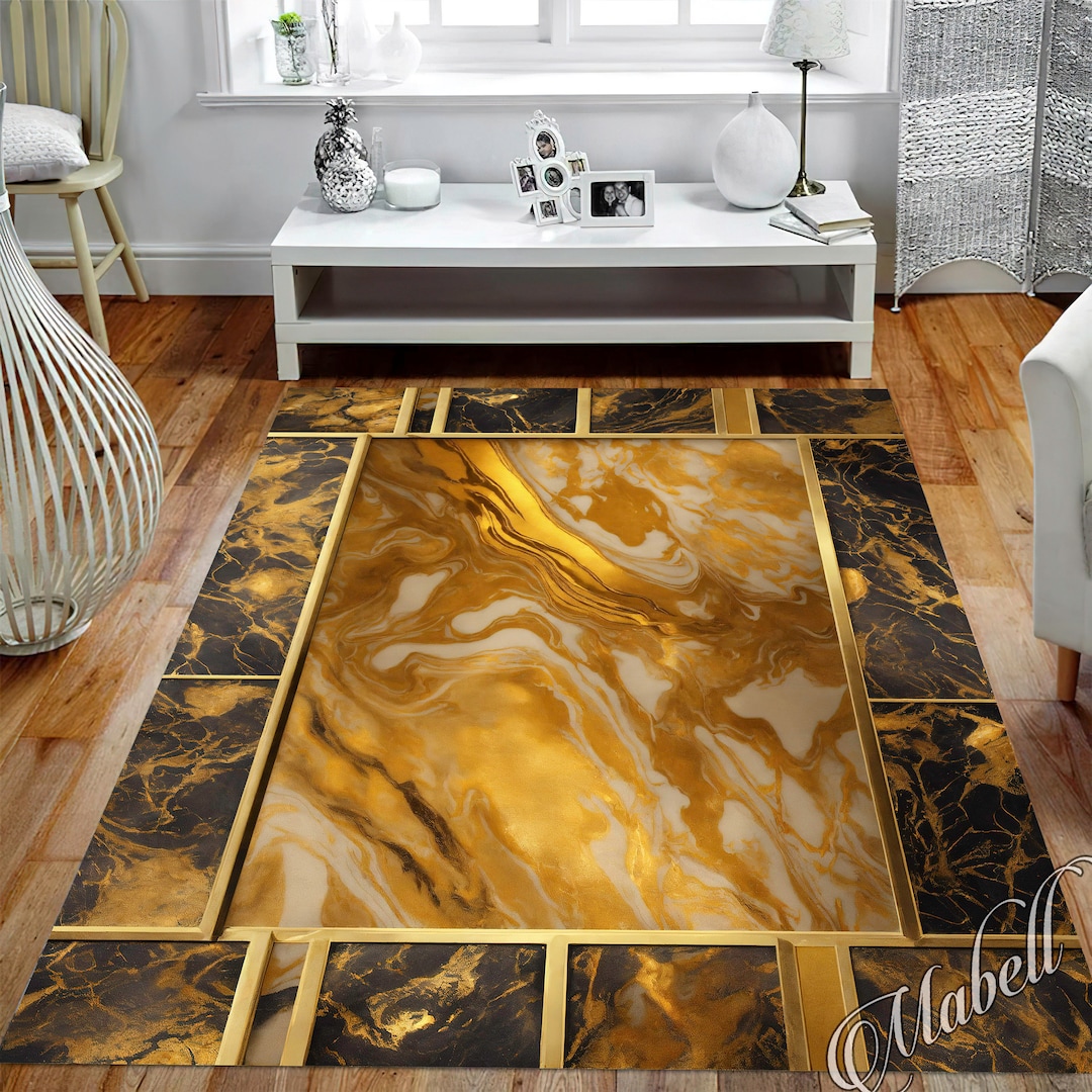 Gold Marble Luxury Border Marble Pattern Nonslip Area Rug Dark Gold Rug ...