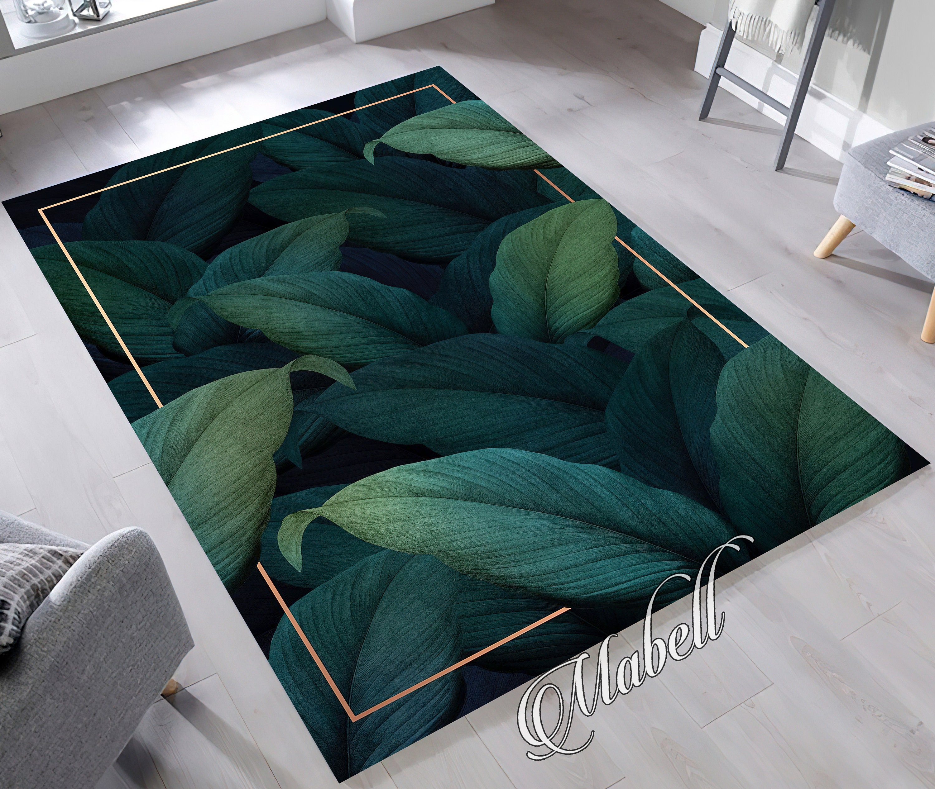 Green Leaf Rug Dark Green Leaves in Gold Frame Themed Nonslip - Etsy