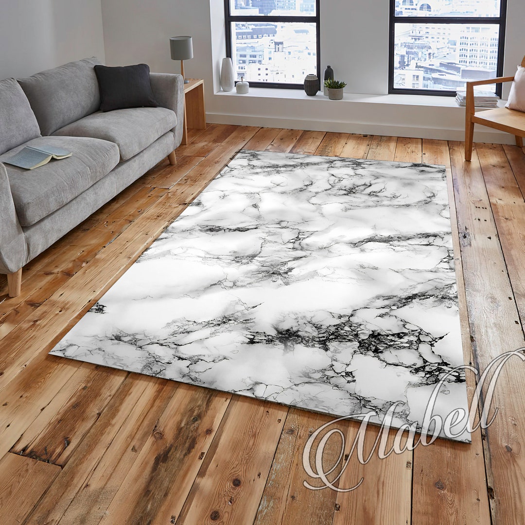 White Marble Patterns Design Rug, Living Room Rug, Nonslip Area Rug ...