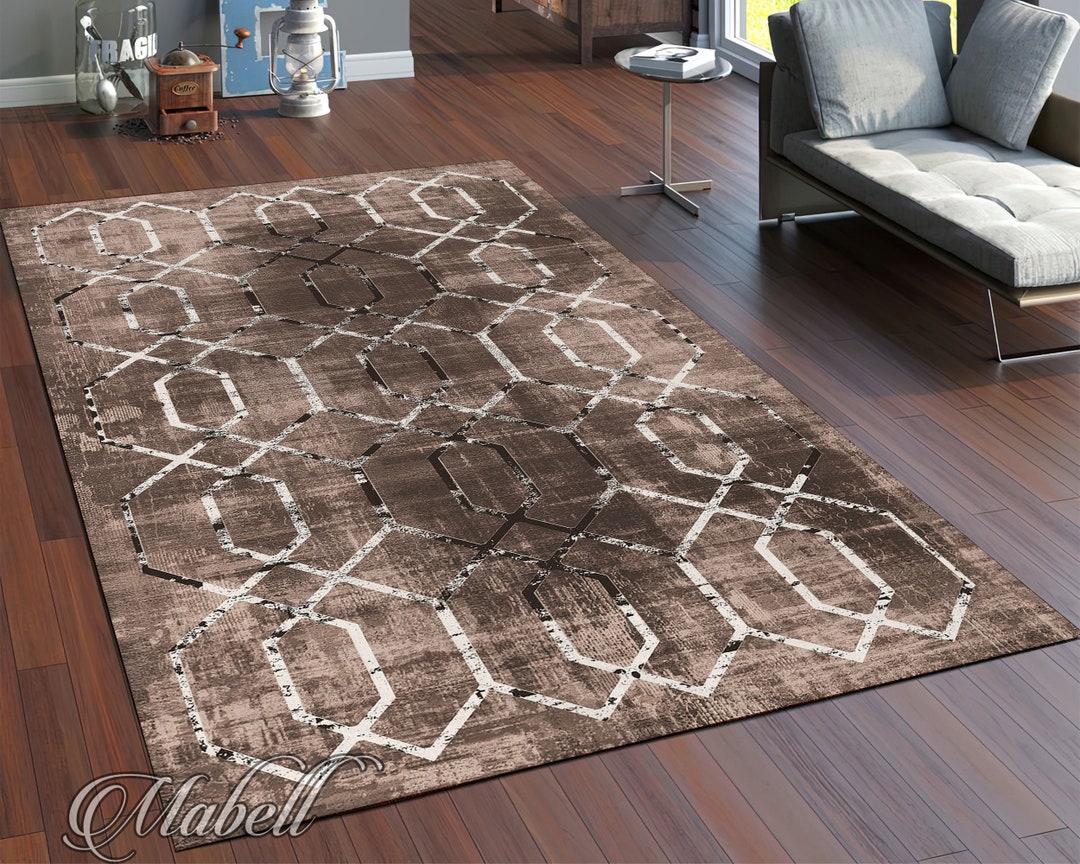 Geometric Rug, Aging Effect Geometric Pattern Nonslip Area Rug, Brown ...