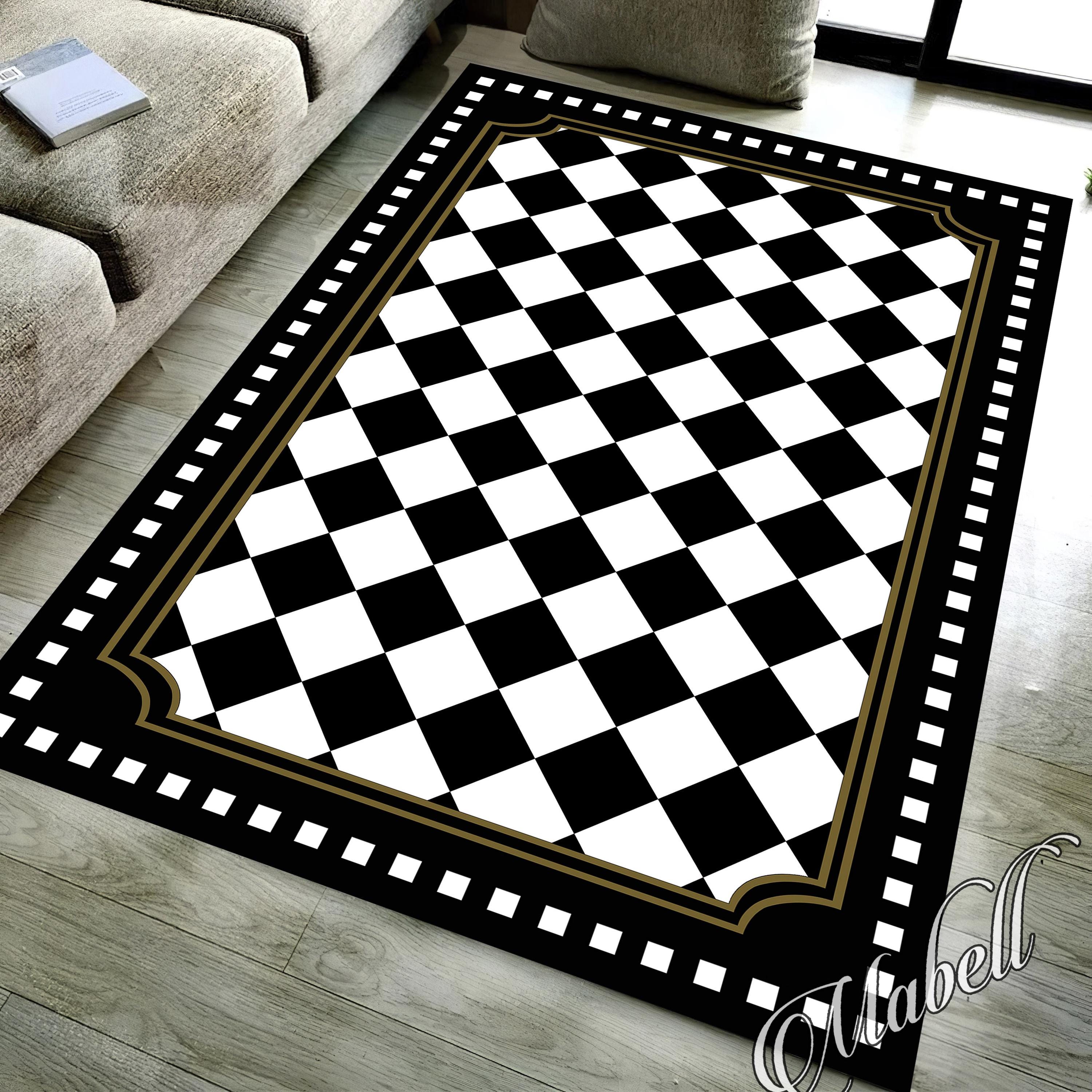 Black White Checkered Runner Rug With Gold Border Modern Geometric ...