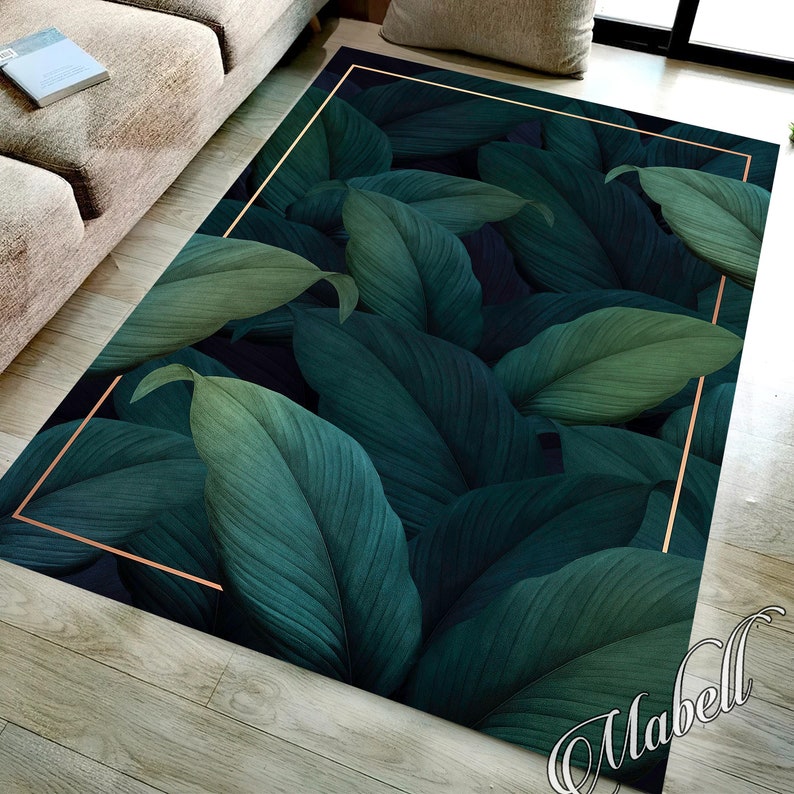 Green Leaf Rug, Dark Green Leaves in Gold Frame Themed Nonslip Area Rug ...