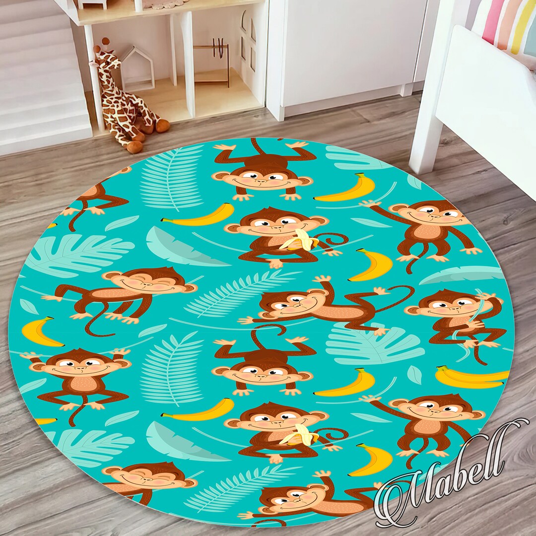Nursery Round Rug, Cute Monkeys Bananas Themed Nonslip Rug, Circle ...