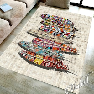 Feather Rug, Painted Bird Feathers Themed Nonslip Area Rug, Colorful ...