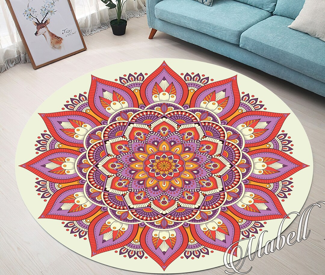 Mandala Round Rug, Circle Nonslip Area Rug, Colorful Mandala Themed Rug ...