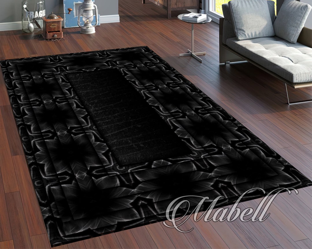 Black Flower Themed Rug, Living Room Rug, Abstract Nonslip Area Rug ...