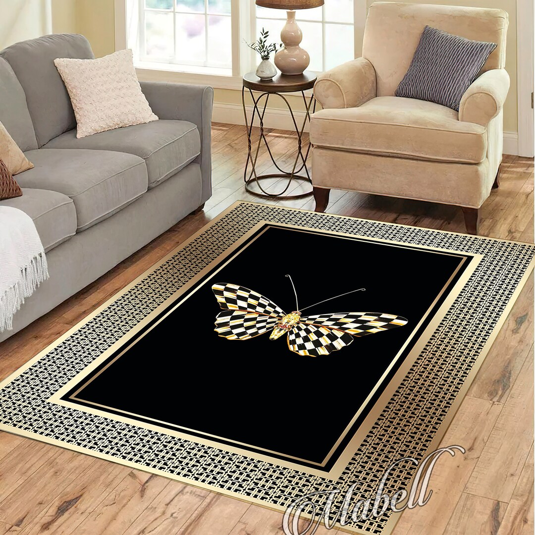Butterfly Rug, Butterfly Check Pattern Nonslip Area Rug, Gold Border ...