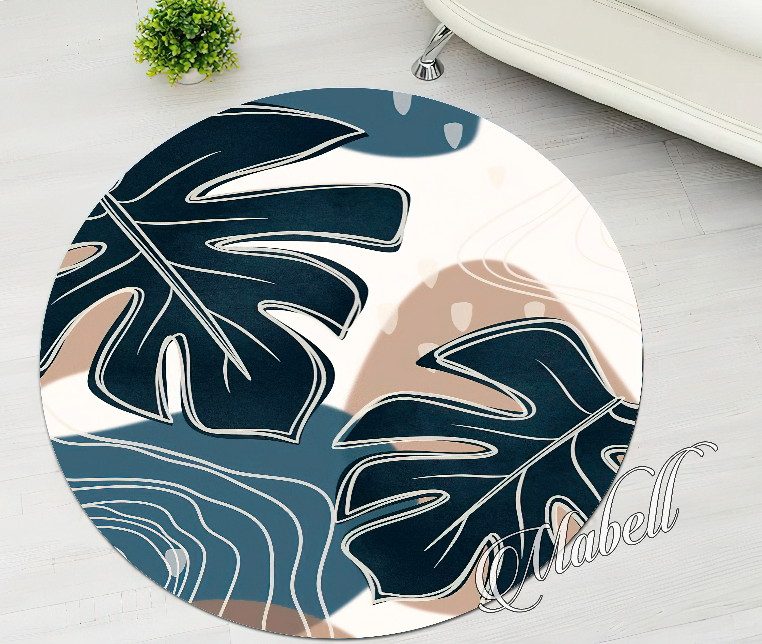 Leaf Plant Rug, Plant Leaf Themed Boho Round Nonslip Area Rug, Onedraw ...