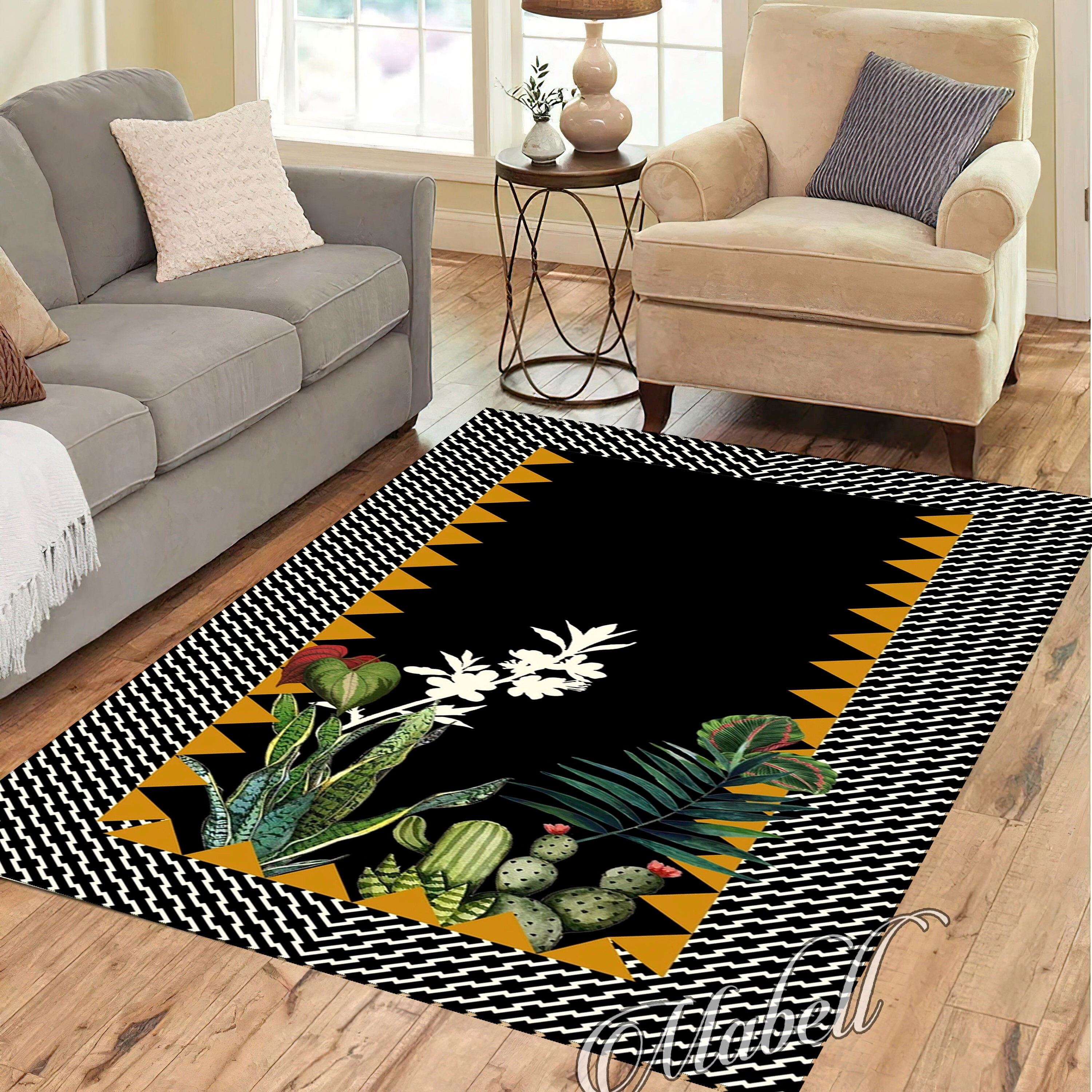 Plants Rug, Plants With Checked Border Pattern Nonslip Area Rug, Floral ...
