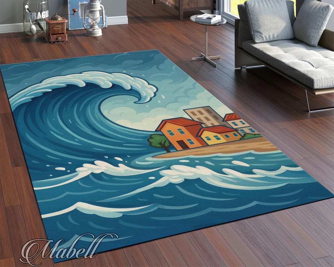 Ocean Wave Coastal Town Print Rug | Washable Non-slip Floor Mat | Blue ...