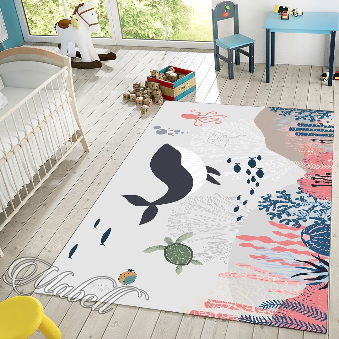 Whale Nursery Rug, Sea World Whale Themed Nonslip Area Rug, Cute Whale ...