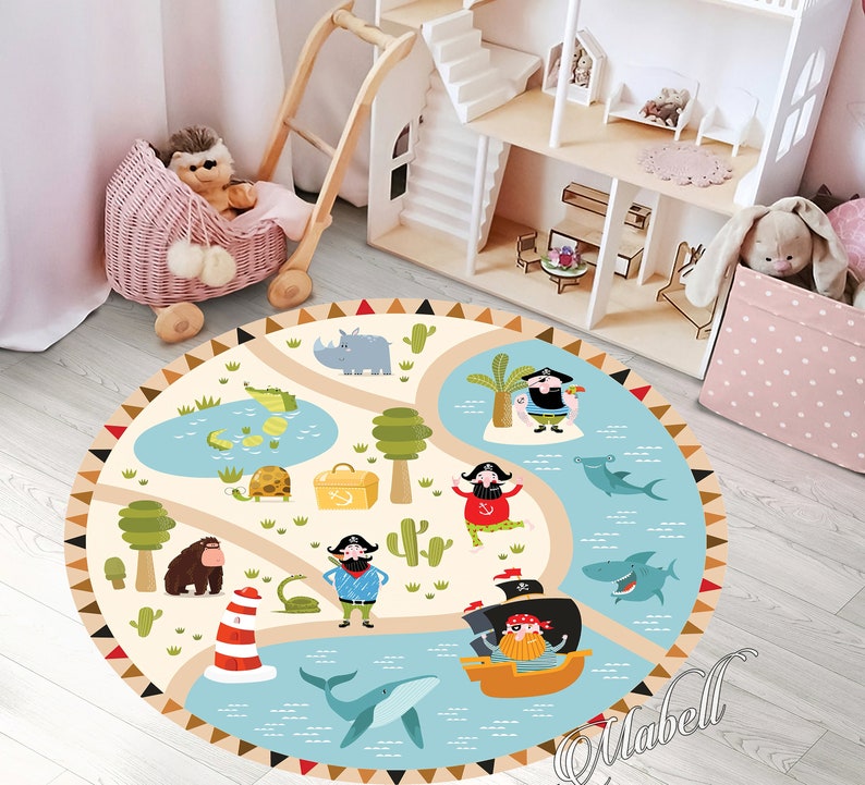 Pirates Nursery Round Rug, Cute Shark Whale Themed Nonslip Area Rug ...