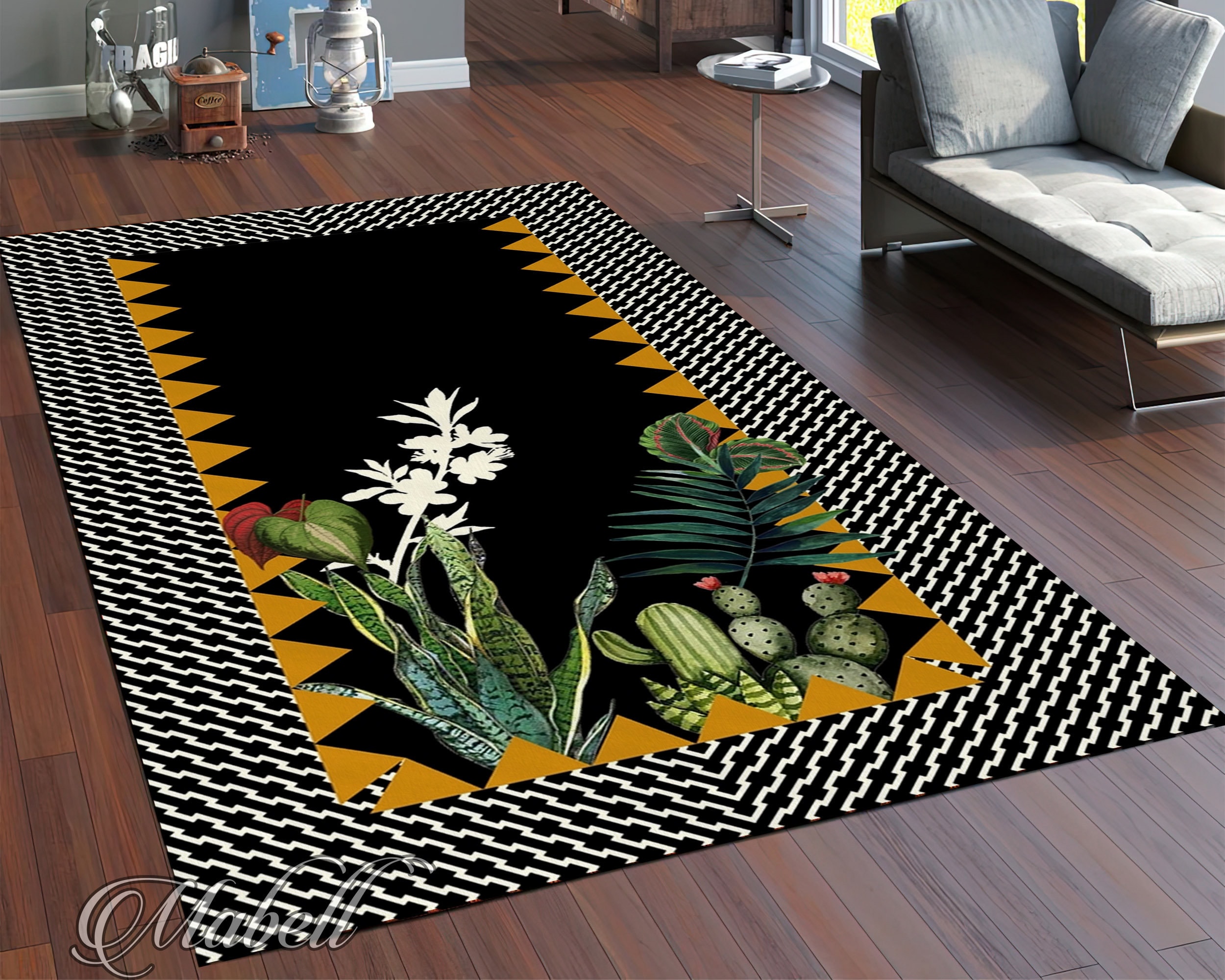 Plants Rug, Plants With Checked Border Pattern Nonslip Area Rug, Floral ...