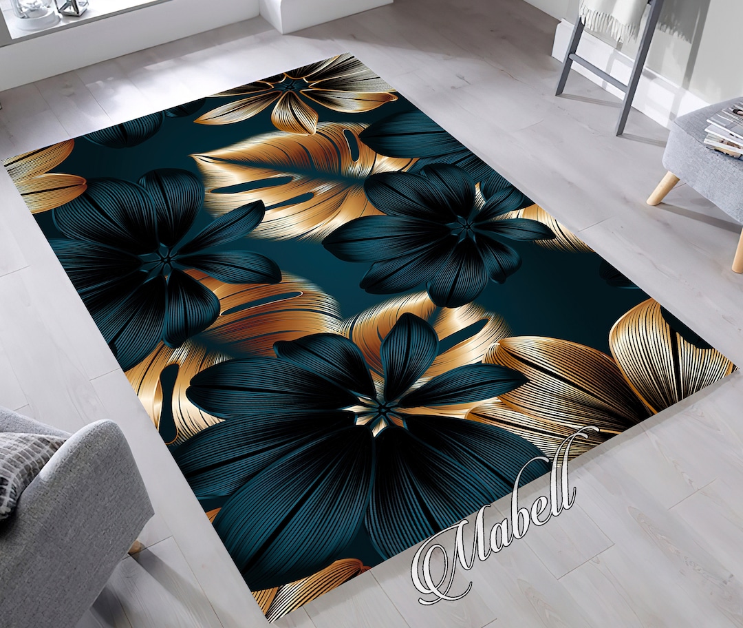 Exotic Leaf Rug, Golden With Blue Monstera Leaves Themed Nonslip Area ...