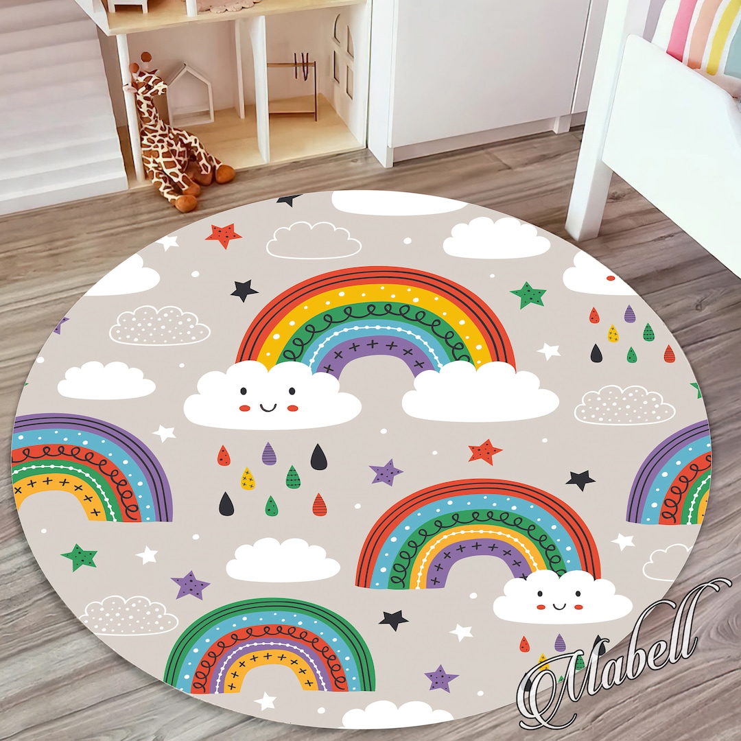 Rainbow Nursery Round Rug, Cloud Themed Nonslip Area Rug, Good Night ...