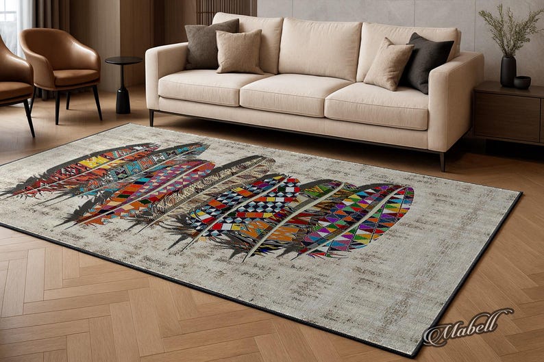 Colorful Feather Pattern Nonslip Area Rug Bohemian Tribal Washable ...
