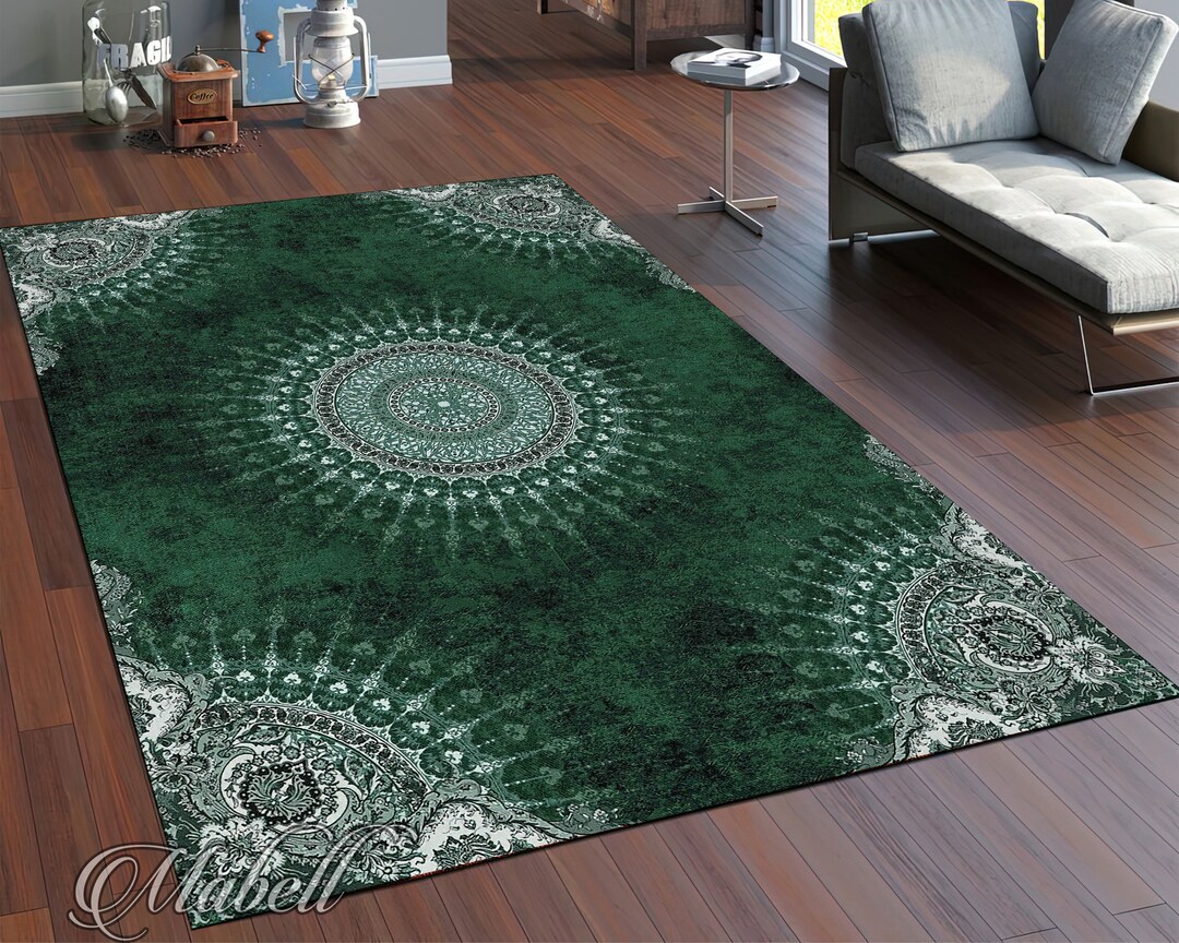 Motif Rug, Green Motif Pattern Nonslip Area Rug, Green Round Rug for ...