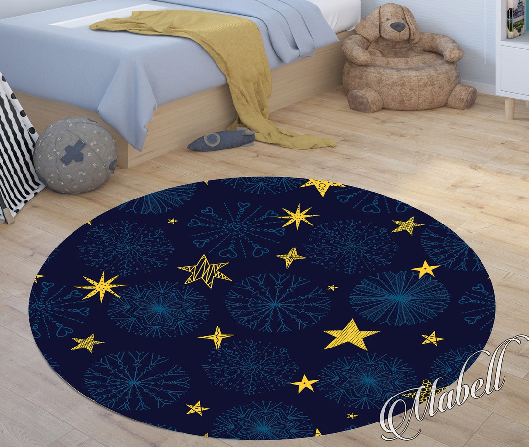 Nursery Round Rug, Decorative Snowflakes Stars Themed Nonslip Area Rug ...