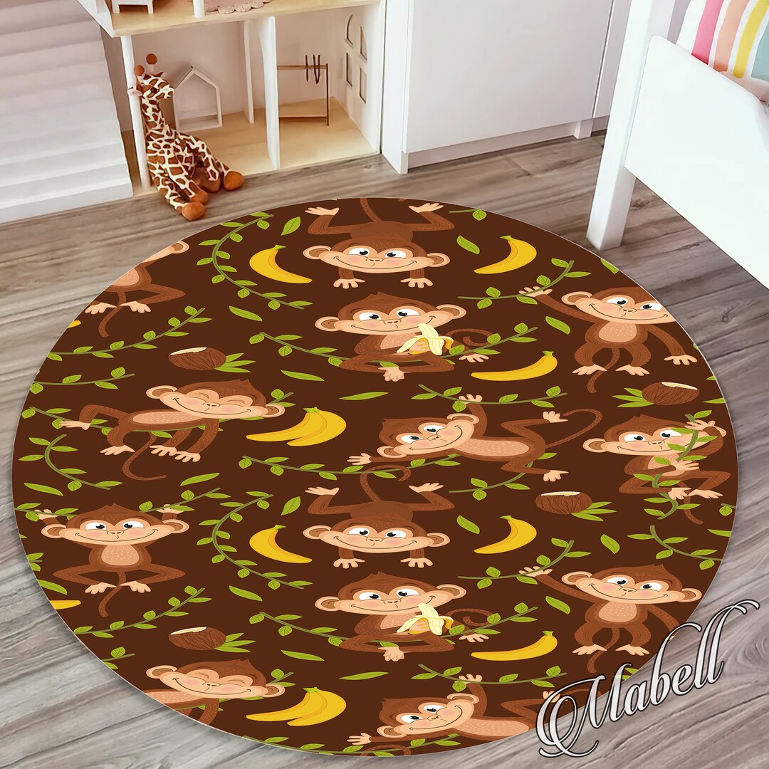 Nursery Round Rug, Cute Monkey Bananas Themed Nonslip Rug, Circle ...