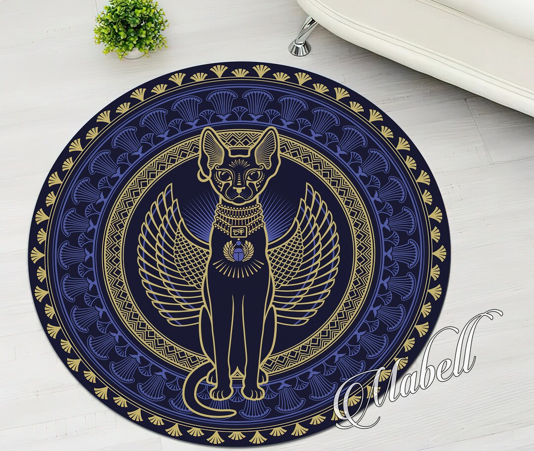 Mythology Round Rug, Bastet Cat Themed Nonslip Area Rug, Egypt Rug ...