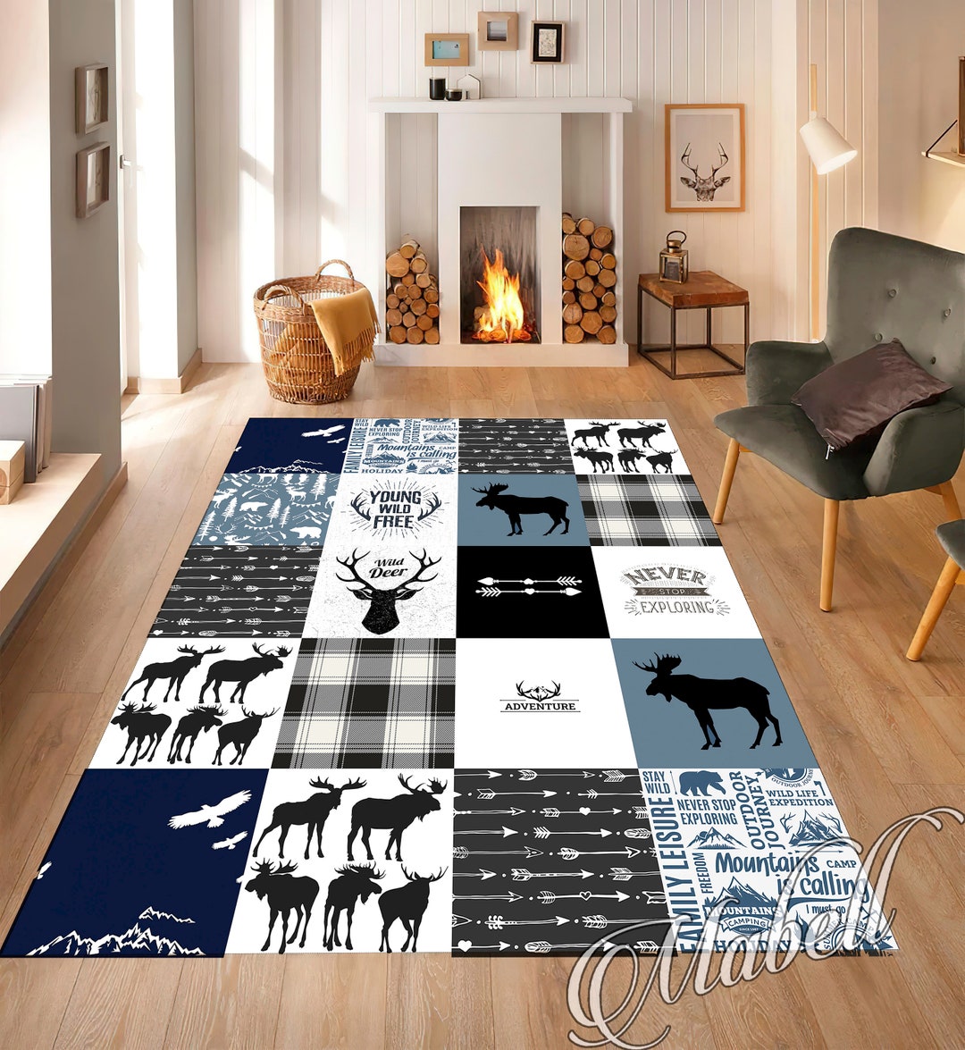 Deer Rug , Moose Bear Eagle Wild Life Themed Nonslip Area Rug, Plaid ...