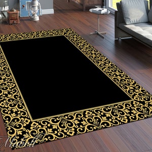 Bordered Rug, Motifs Gold Border on Black Pattern Nonslip Area Rug ...