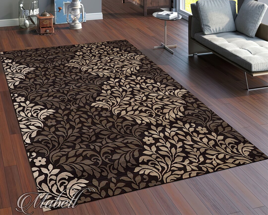 Flowers Rug, Flower Motif Style Pattern Nonslip Area Rug, Brown and ...