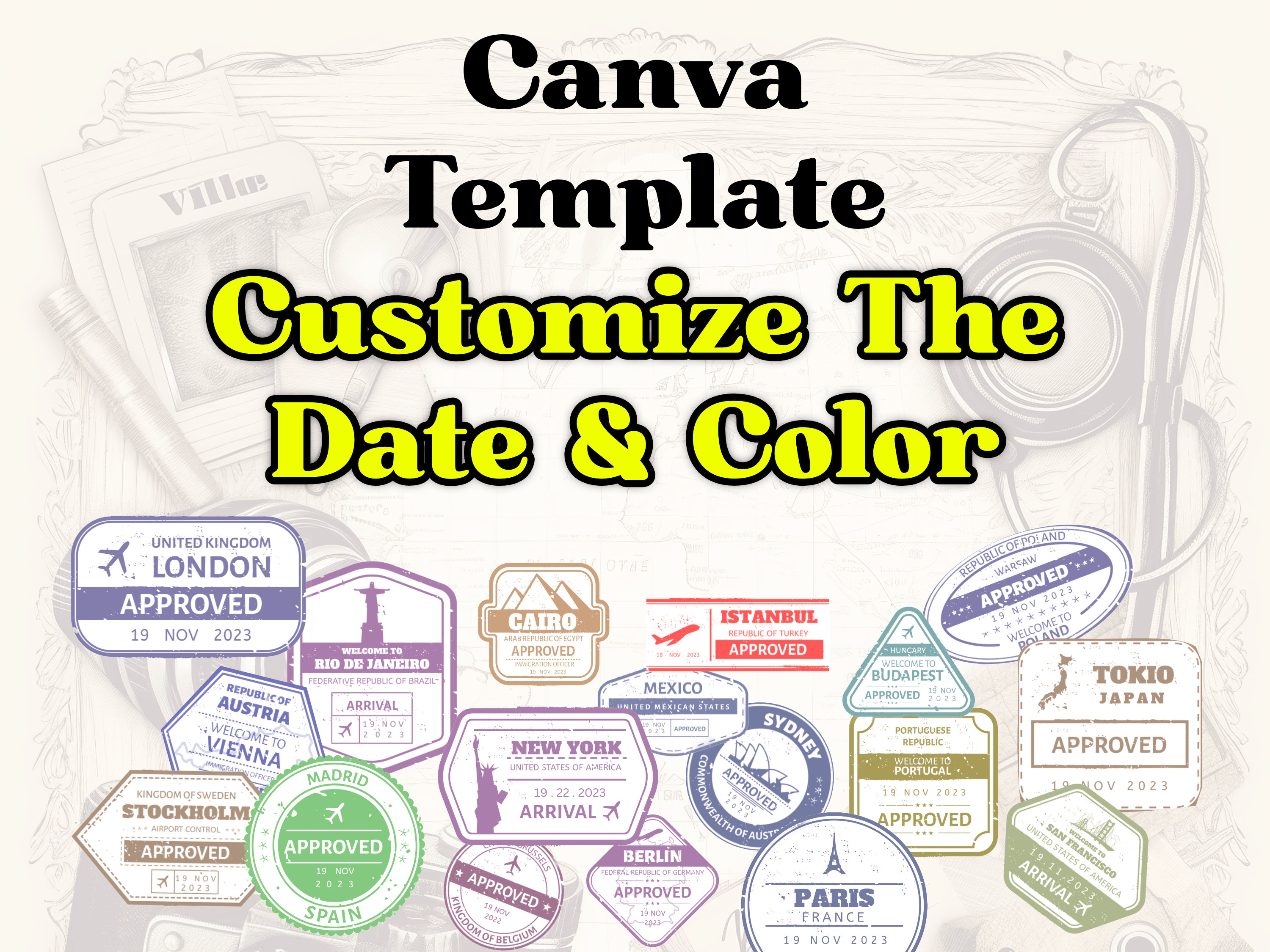 Customizable Passport Stamps: 20 World Destinations + 2 Customizable ...