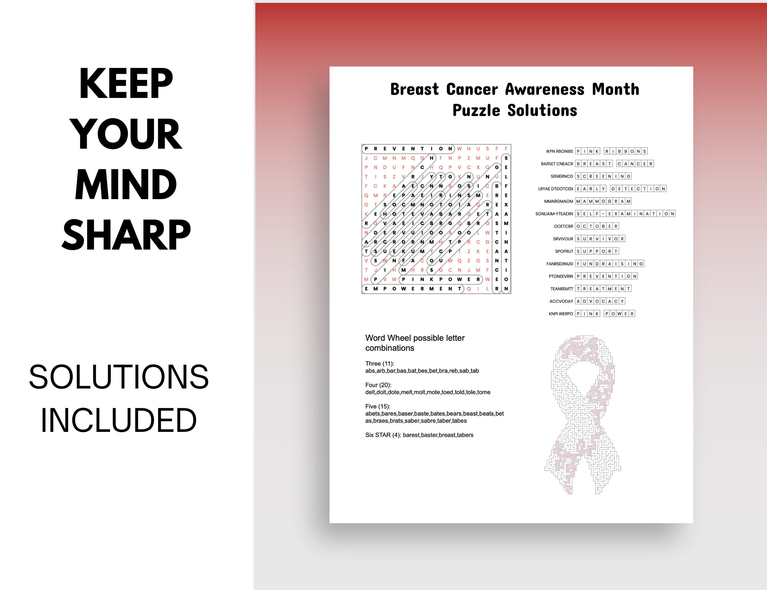 Breast Cancer Awareness Month | Word Puzzles & Games - Instant Dowload ...