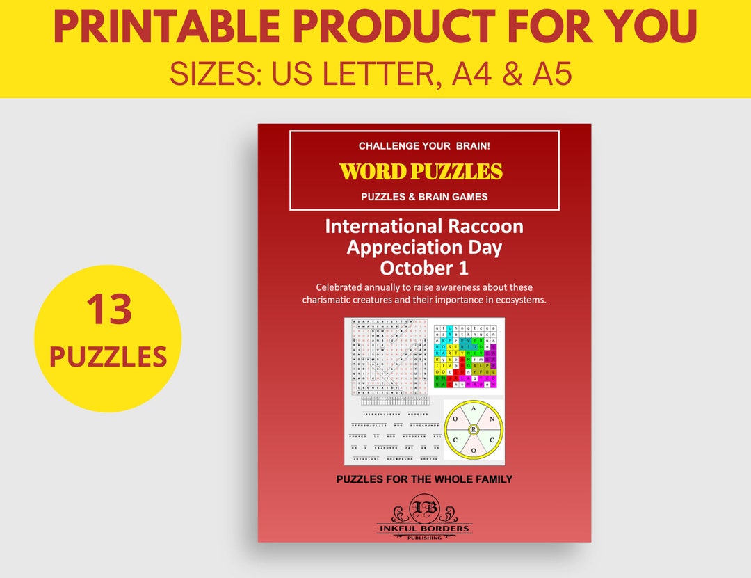 International Raccoon Appreciation Day Word Puzzle Book - 13 Puzzles ...